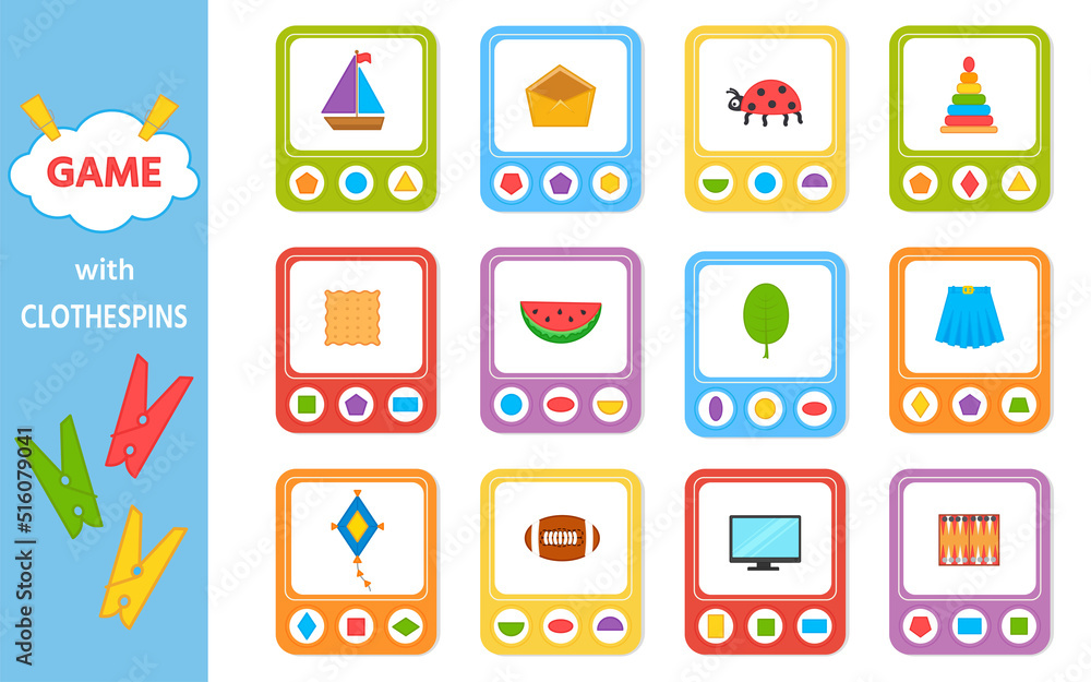 Educational game for kids with clothespins. Match of geometric shapes ...