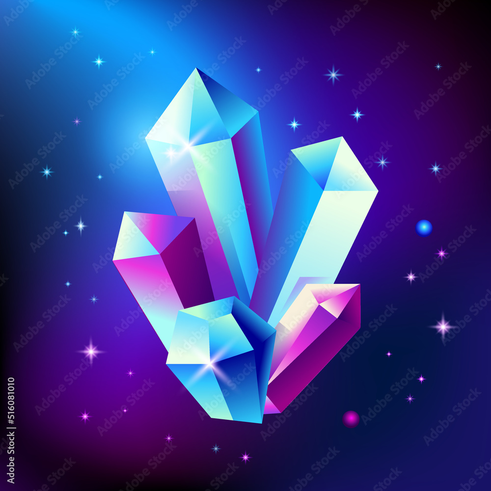 Abstract trendy cosmic poster with crystal gems and pyramid geometric ...