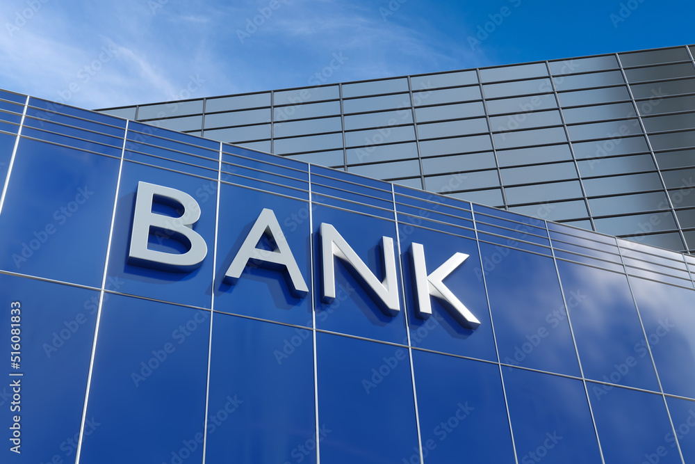 Modern commercial building of a bank having reflective shiny windows ...