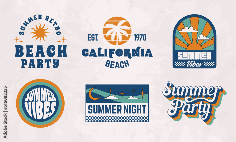 Vetor de Summer Labels. Beach party, summer vibes. 1970s Retro logo ...