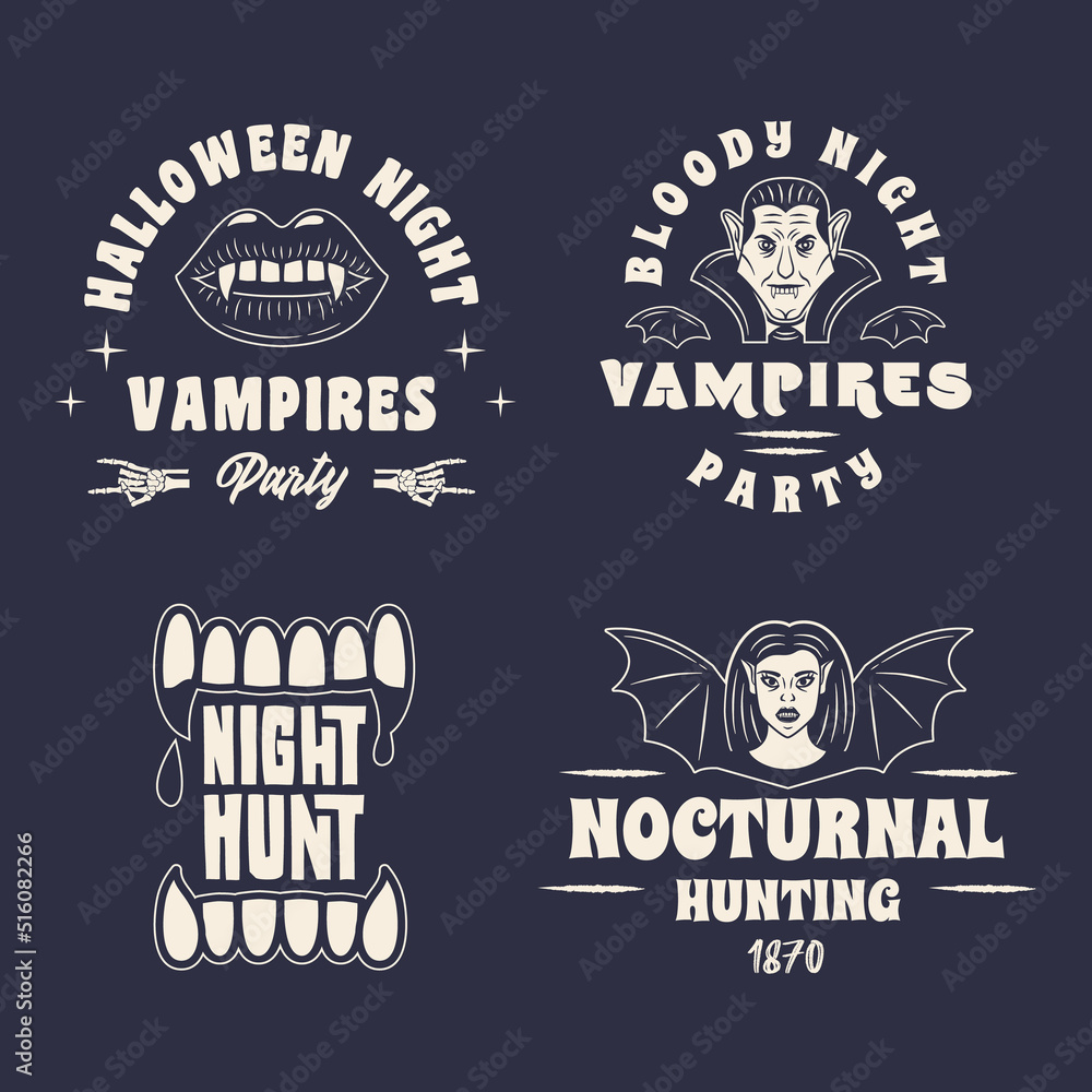 Vampire logo set. 4 vampire related labels, badges, emblems. Halloween ...