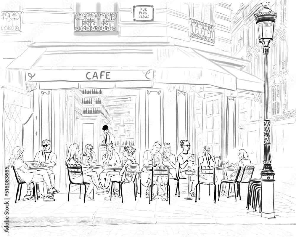 Hand drawn illustration. People enjoy the day at a Cafe in Paris ...