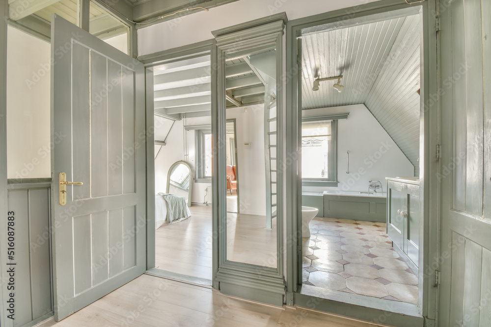 Modern home interior design of white bathroom with open bathtub and ...