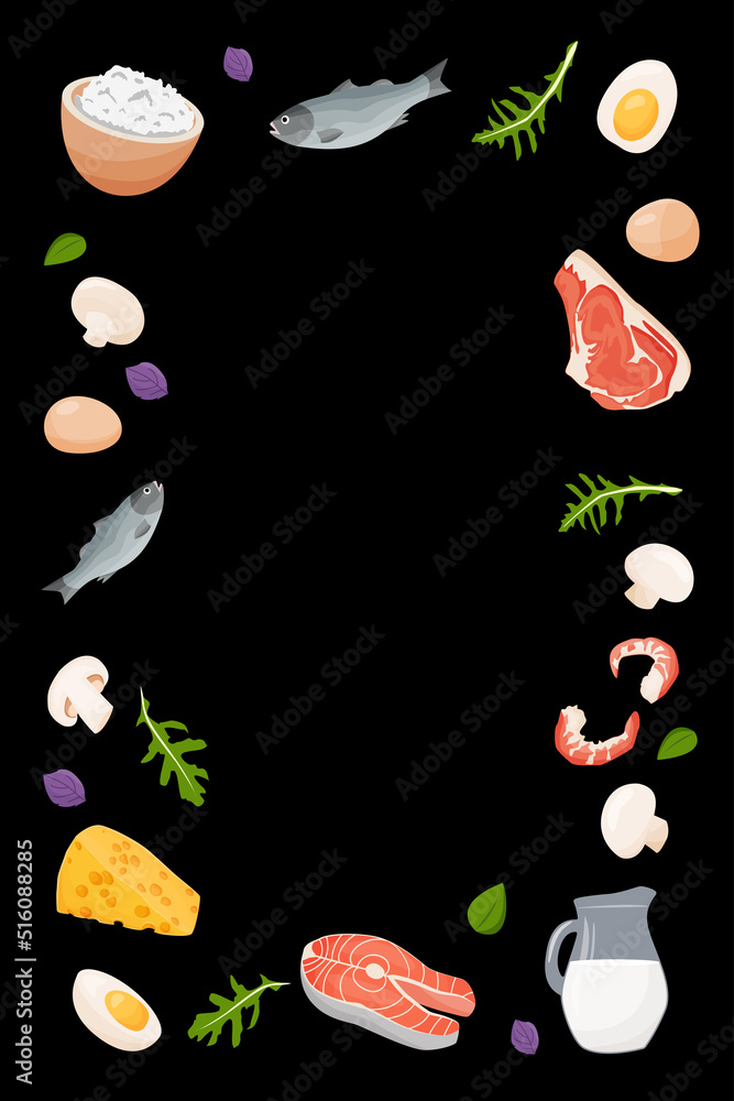 Healthy food macronutrients. Proteins presented by food products ...