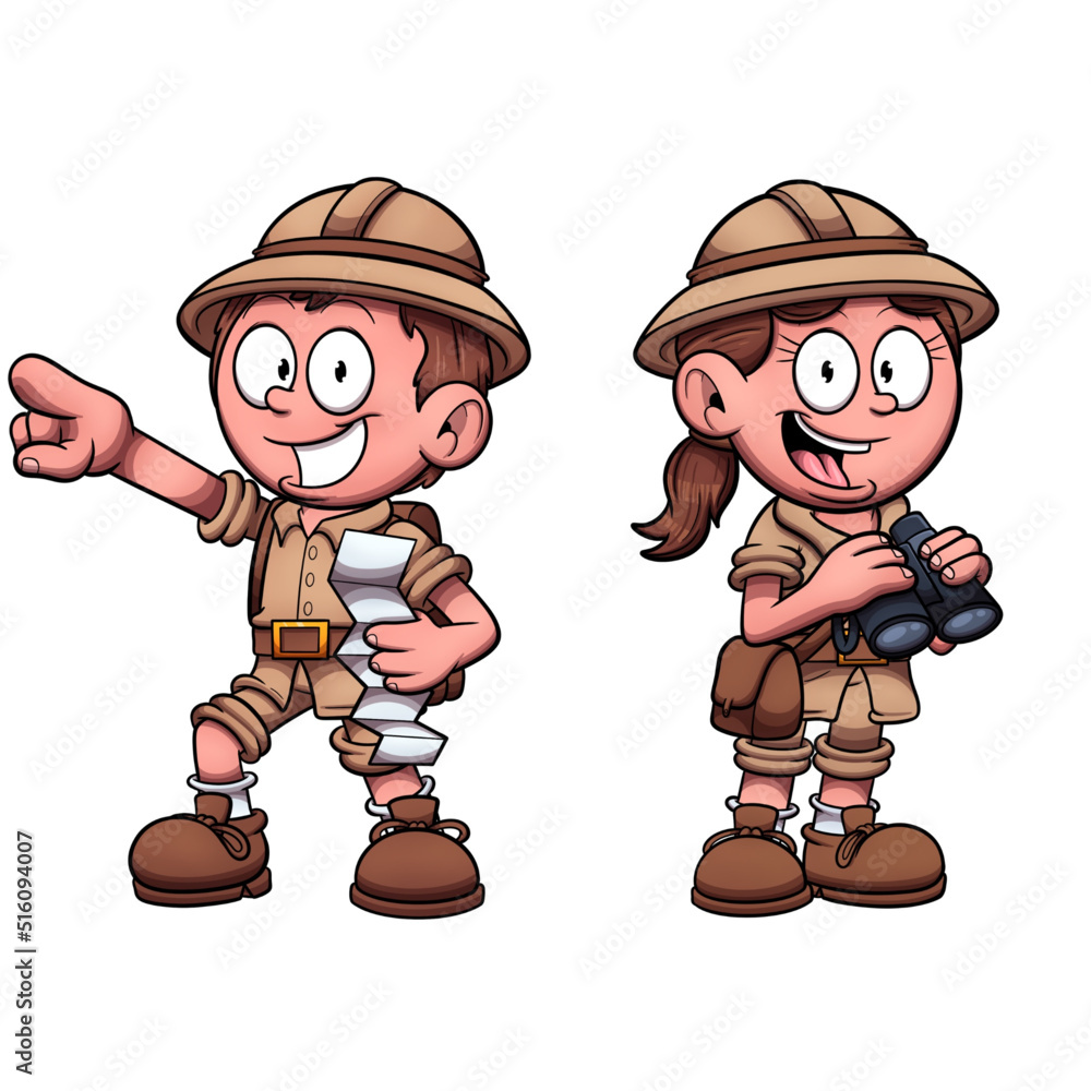 Cartoon explorer kids. Vector illustration with simple gradients. All ...