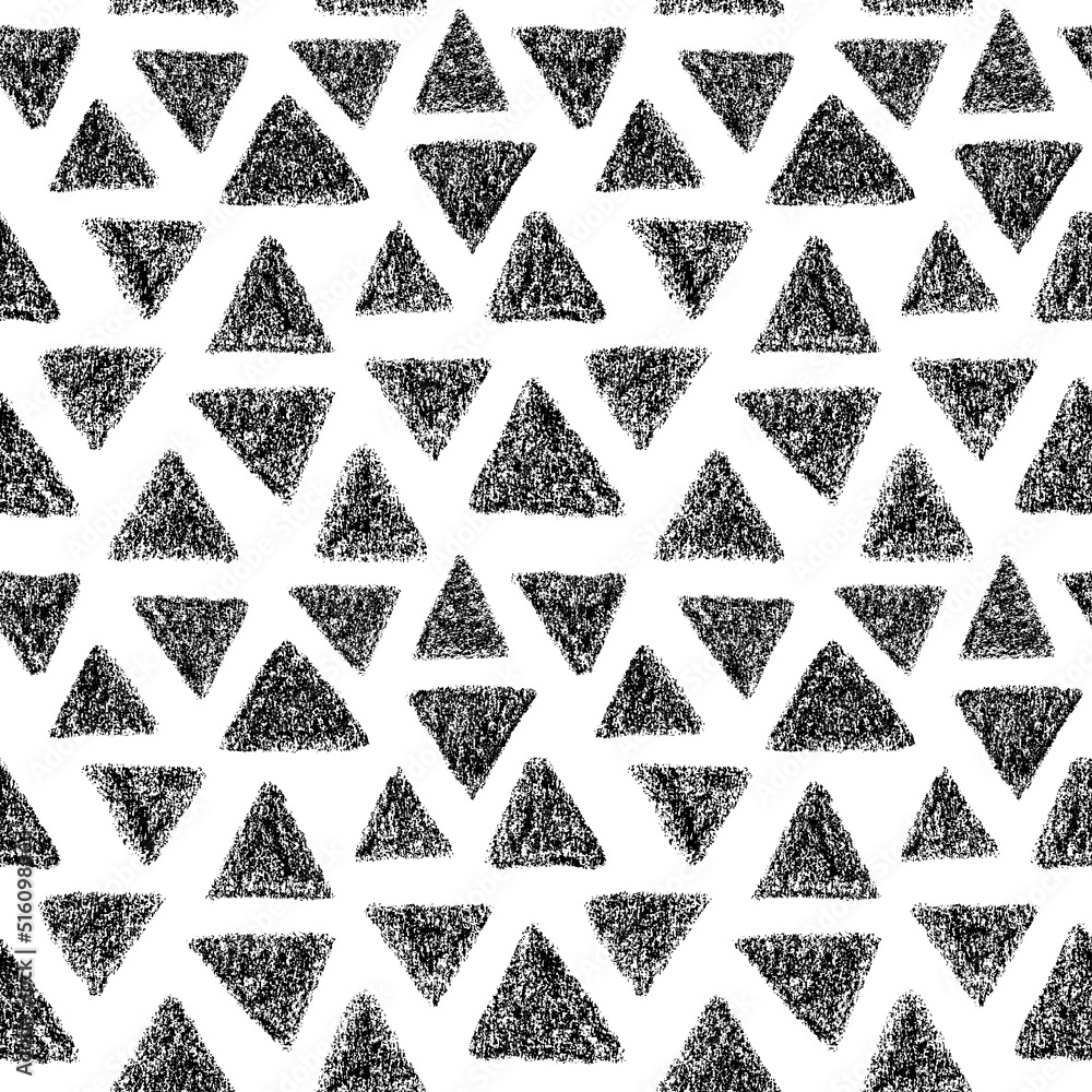 Vector black triangles seamless pattern. Hand drawn charcoal geometric ...