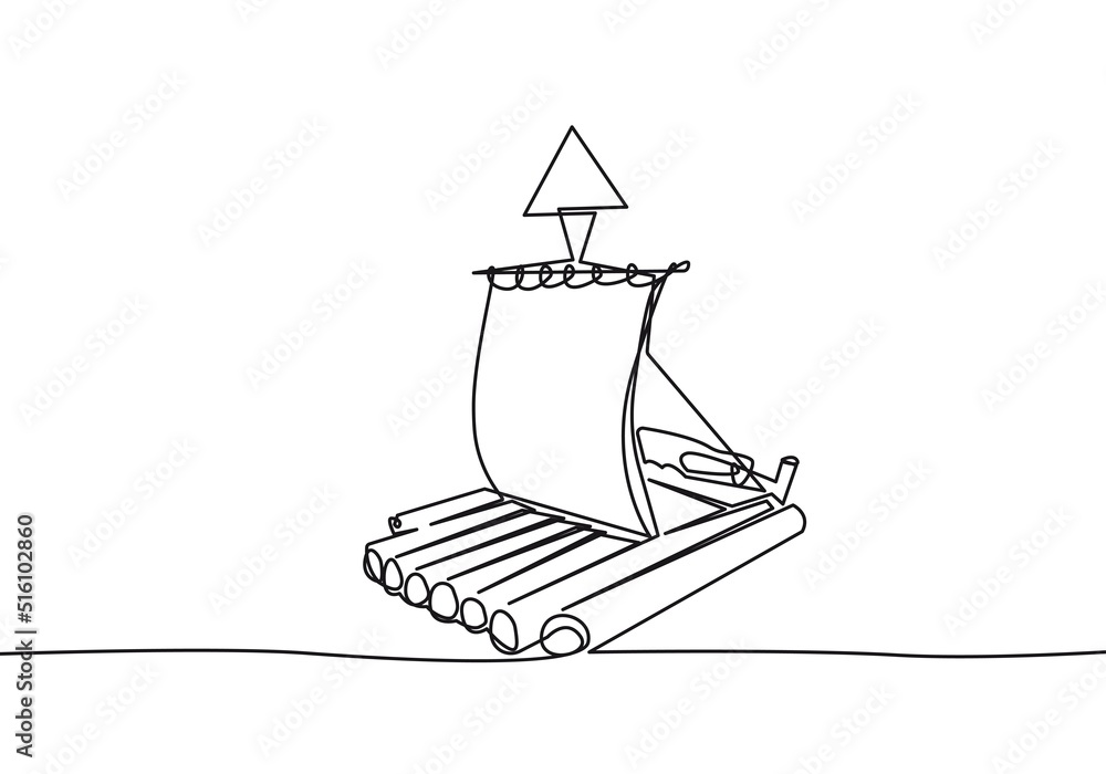 Raft with Sail One Line Drawing, Vector Continuous Single Line Art ...
