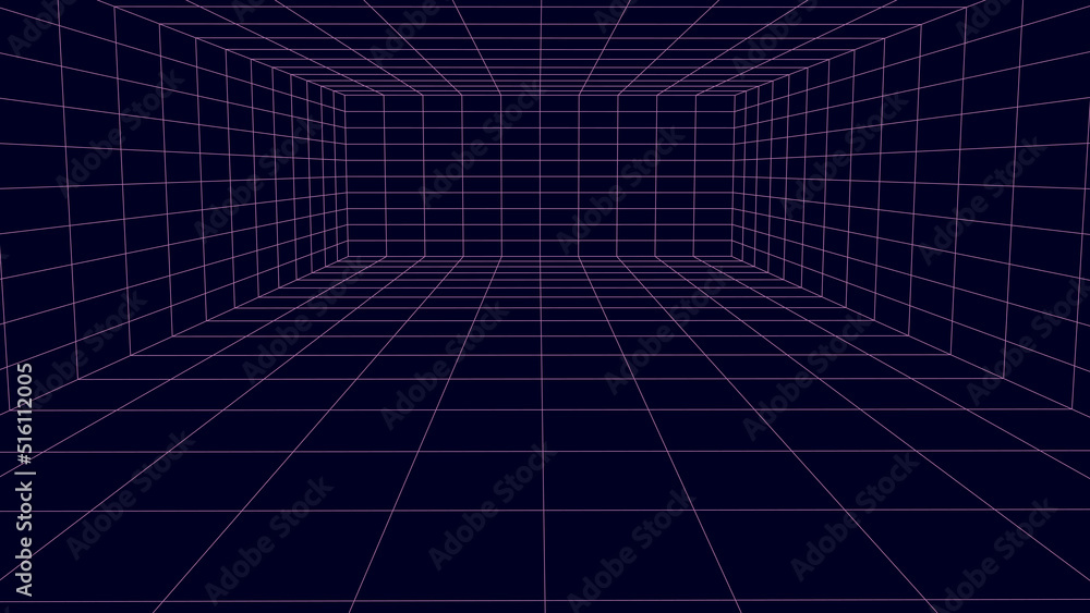 Futuristic digital grid box dark background. Wireframe room network ...