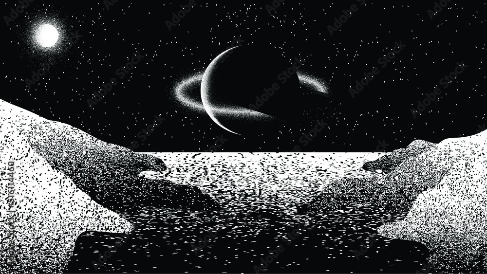 Star and planet in space. Futuristic landscape, with noise texture ...