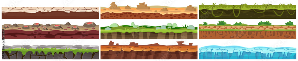 Ground level set vector illustration. Cartoon surface landscape diagram ...