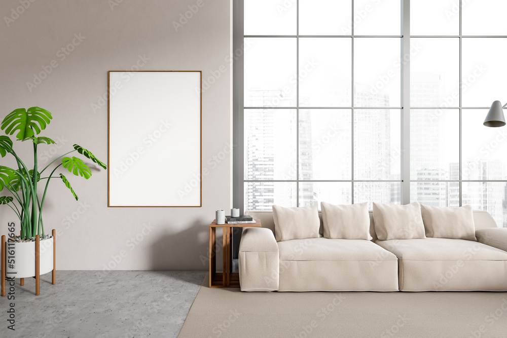 Front view on bright living room interior with empty poster Stock Photo ...
