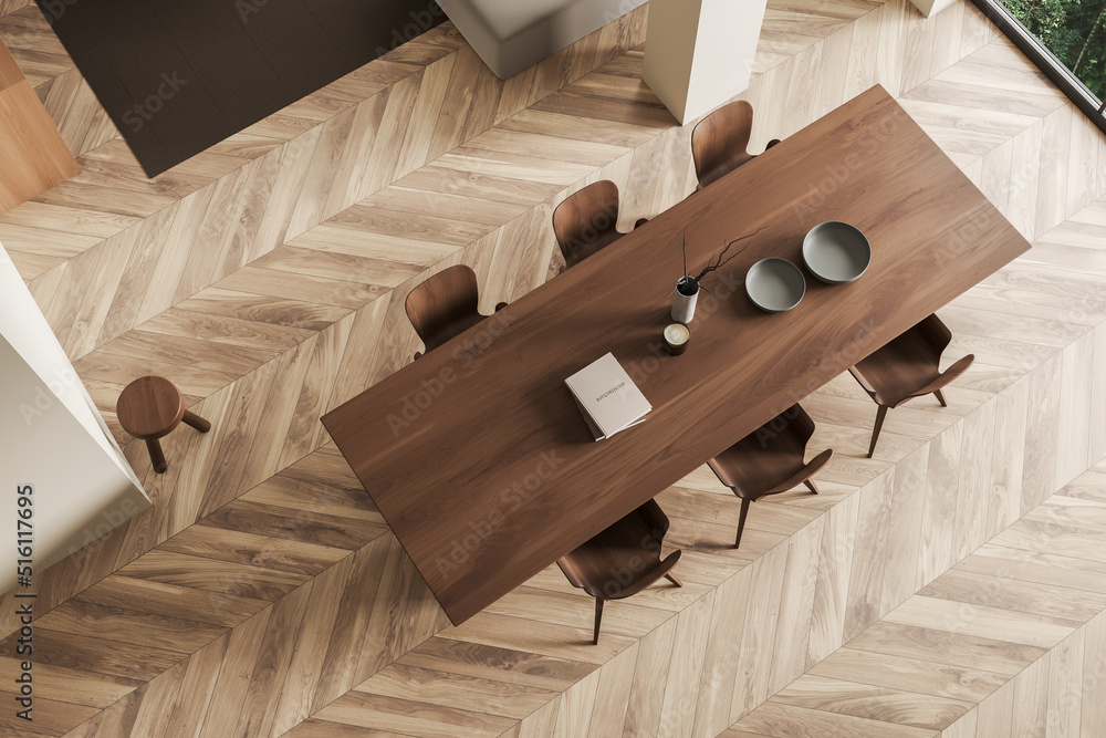 Top view on bright dining room interior with dinner table Stock Photo ...