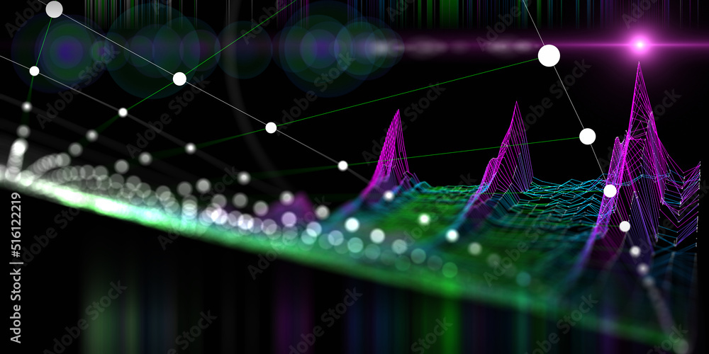 Abstract technology background with bending color grid from dots and ...