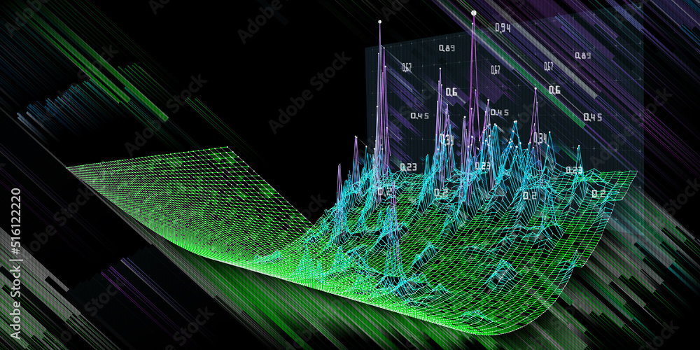 Abstract background with bending color 3d grid and data dark. Visual presentation screen of ...
