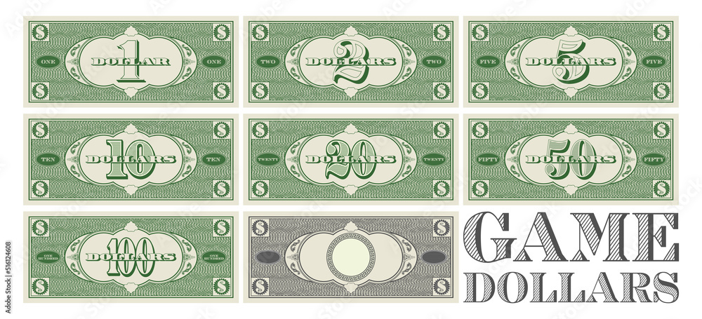 Vector set of gaming dollars in denominations from 1 to 100. Green ...