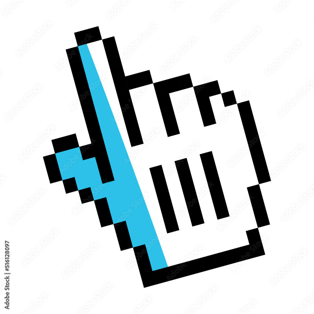 Pixel hand cursor icon, pixel mouse cursor, vector illustration. Stock ...