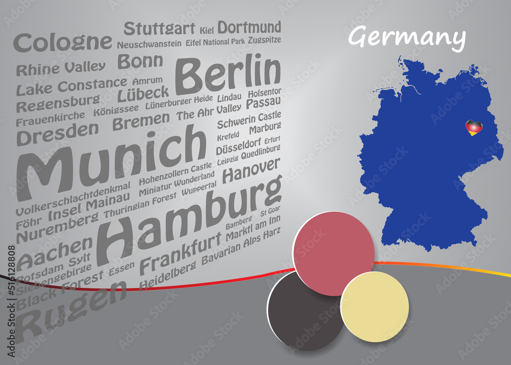 Travel to Germany concept template with map of Germany. Names of the ...
