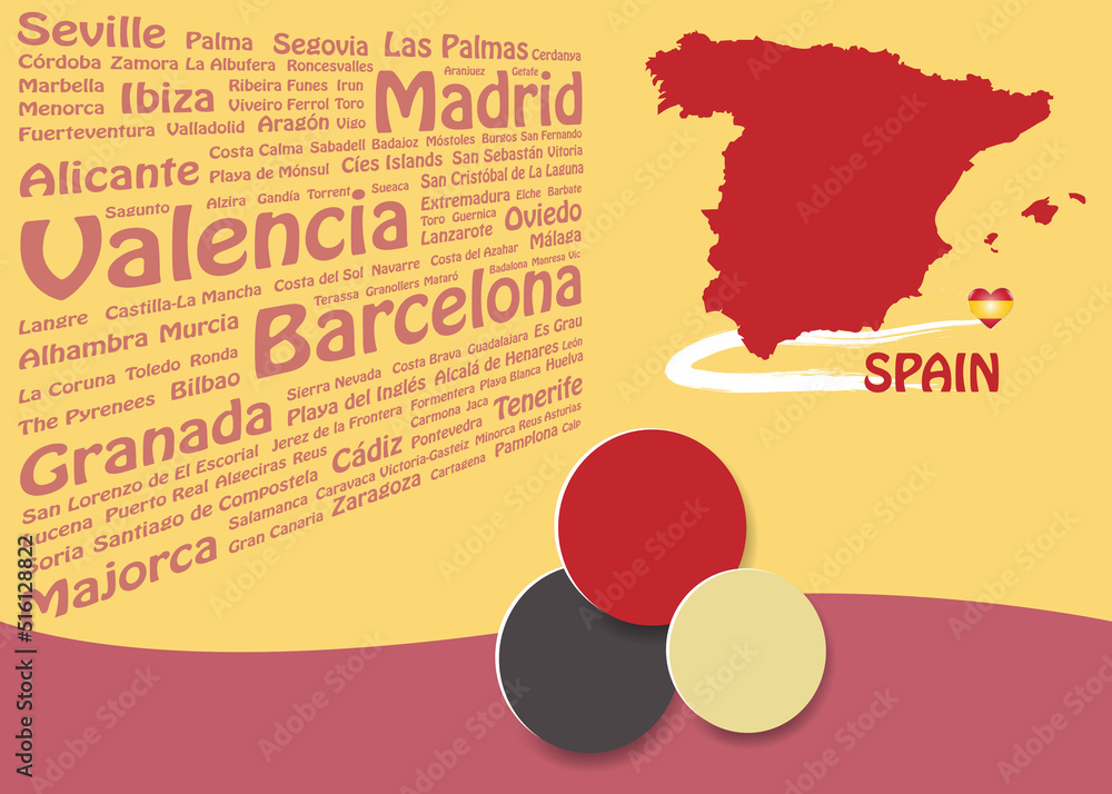 Travel to Spain template vector with names of famous Spanish landmarks ...