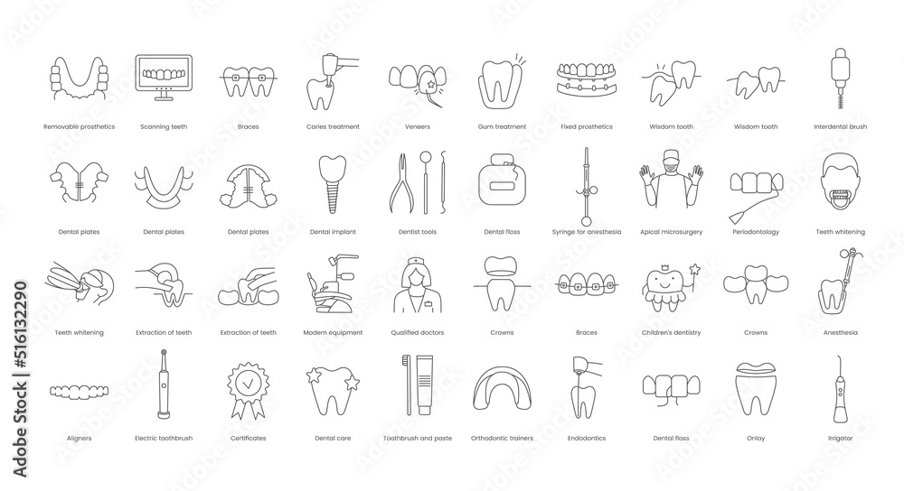 A set of linear vector icons with dental instruments, treatment and ...