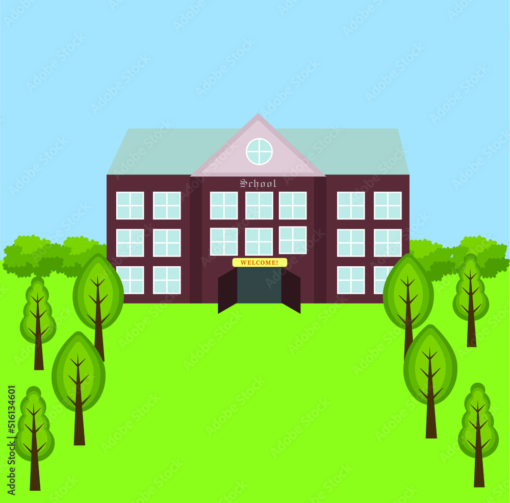 School building with open doors and sign welcome. Brick building ...