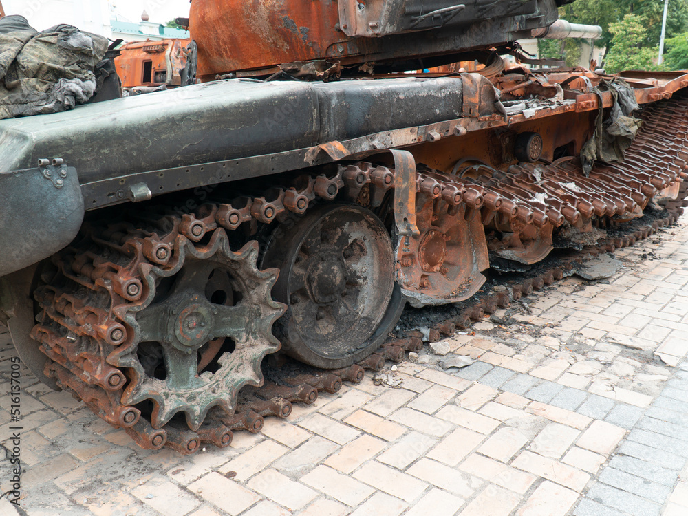 Destroyed Russian tank. Rusty armor of military equipment. Military ...