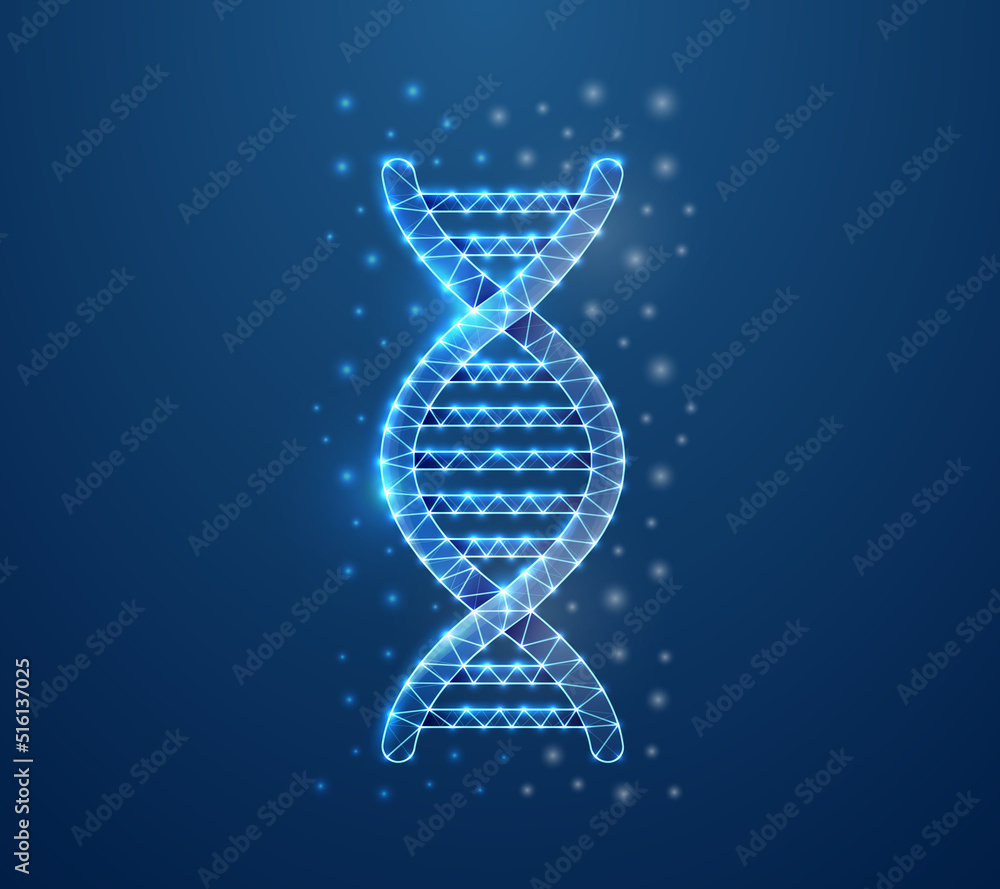 DNA spiral 3d symbol in blue low poly style. Biotech, science, genome design concept ...