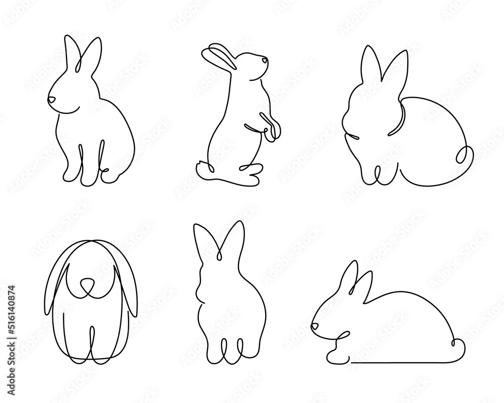 Rabbit set one line art, hand drawn bunny continuous contour. Animals ...