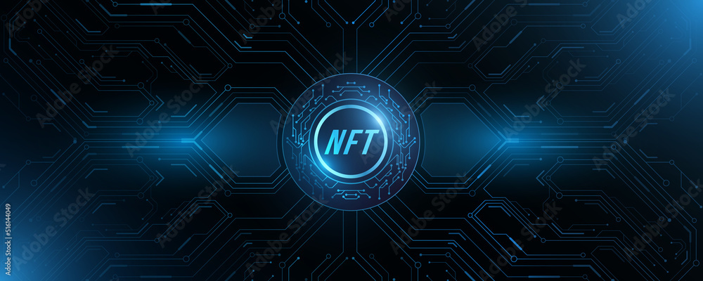 NFT nonfungible tokens cover. Blue HUD elements glowing with computer ...