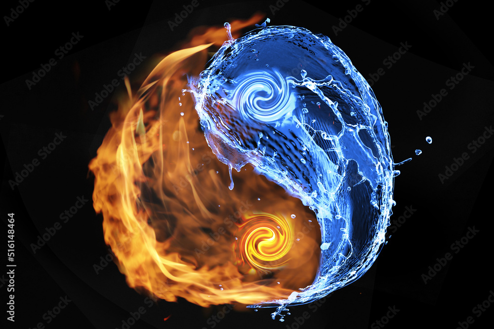 Fire flames and water resembling Yin Yang symbol on black background ...
