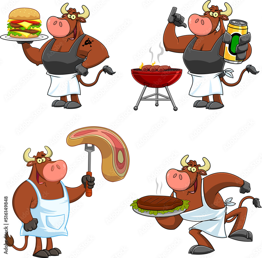 Bull Cartoon Mascot Character Different Poses. Vector Hand Drawn ...