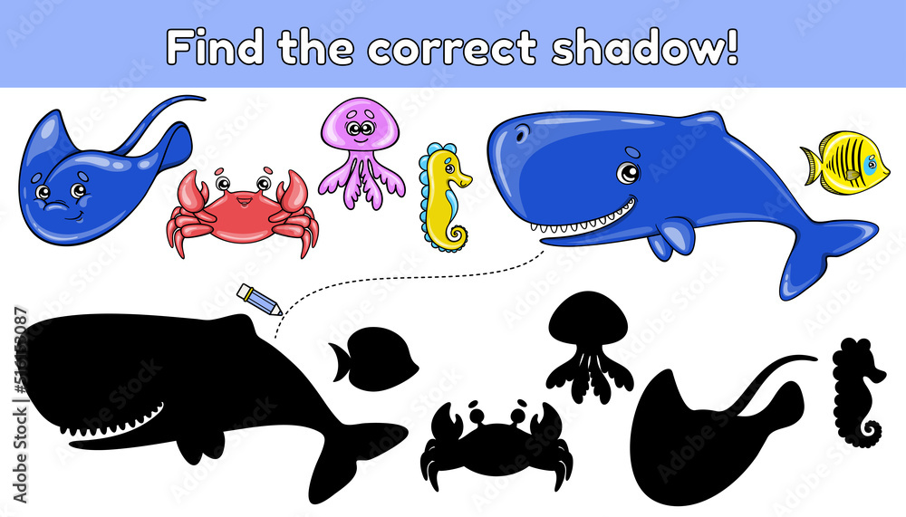 Find the correct shadow. Educational game for children. Sea animals ...