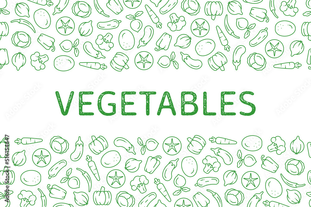 Simple line vegetable seamless background. Long banner with different ...