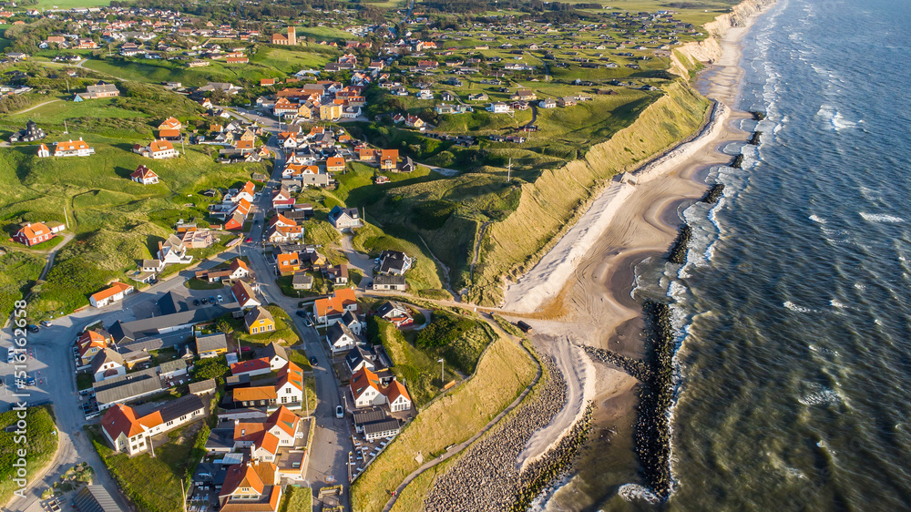 Aerial view of the scenic coast line of Denmark with the idyllic ...