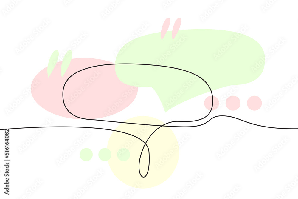 Speech bubble continuous line drawingwith color shapes. Black isolated ...