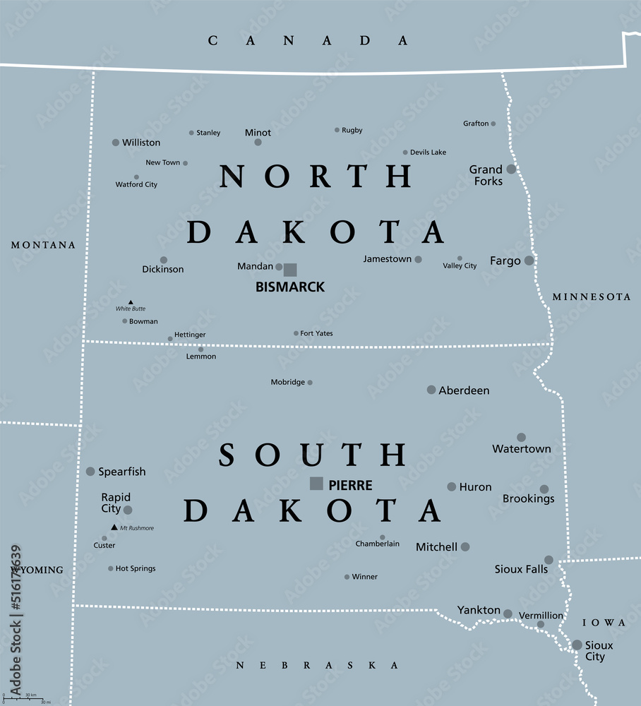 The Dakotas, gray political map. Collective term for the US states of ...