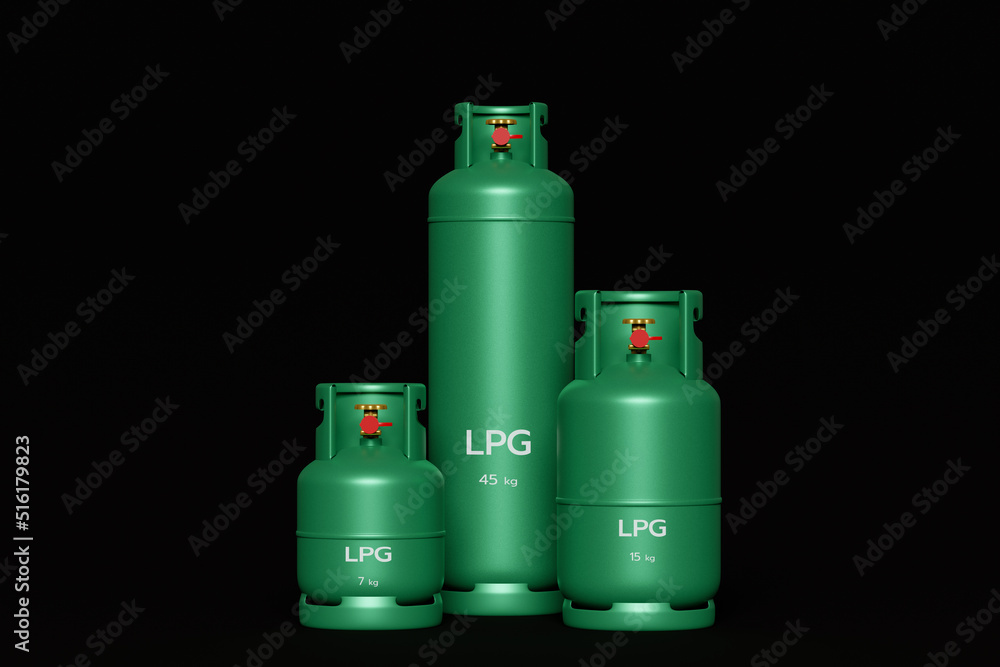 4 kg, 15 kg, 48 kg LPG gas cylinder Screen LPG text on the gas tank ...