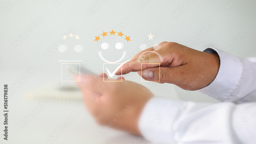 Customer Service Assessment Concept.Businessman presses smiley face ...