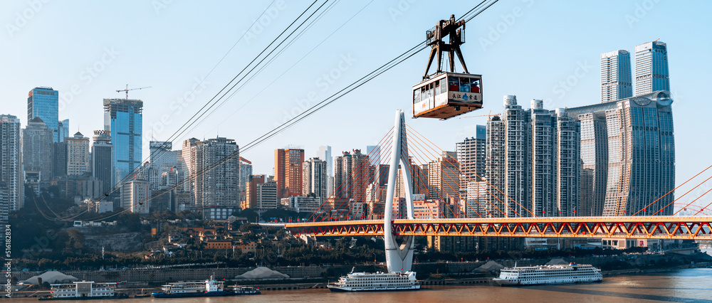 High-rise buildings and Yangtze River cableway scenery in Chongqing ...