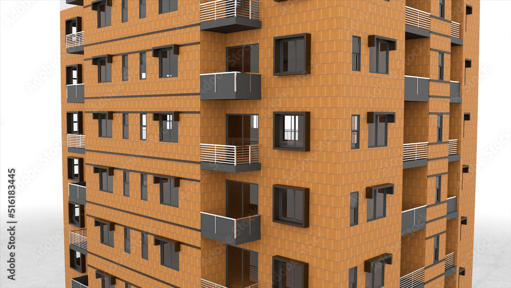 Abstract facade of the residential high-rise building isolated on white ...