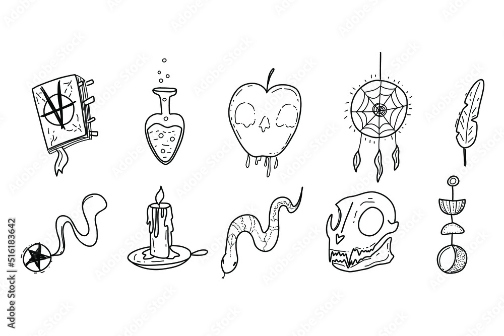 Magic esoteric symbol - scull, snake, poison, cat, moon, candle. Witch ...