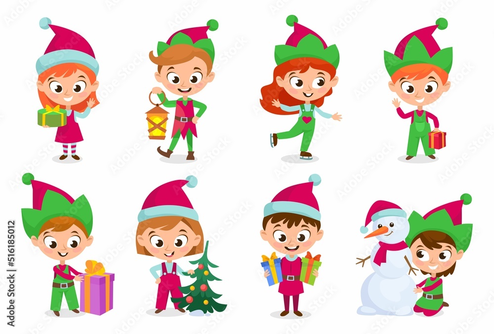 Set of cute kids in elves and Santa costumes isolated on white ...