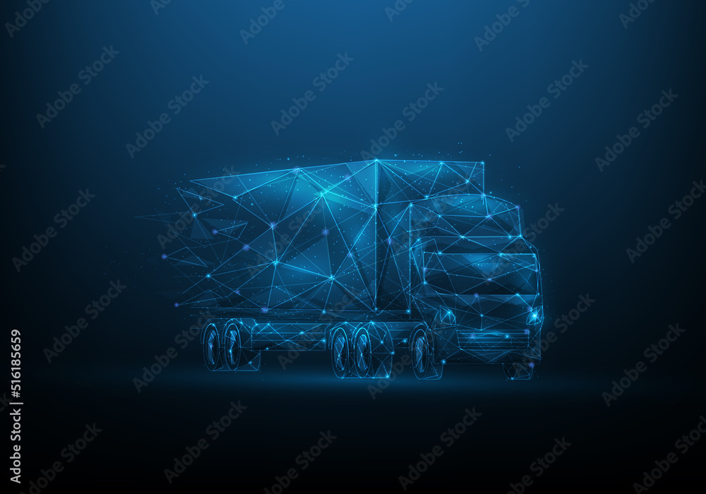 logistics low poly wireframe on blue dark background. delivery truck ...