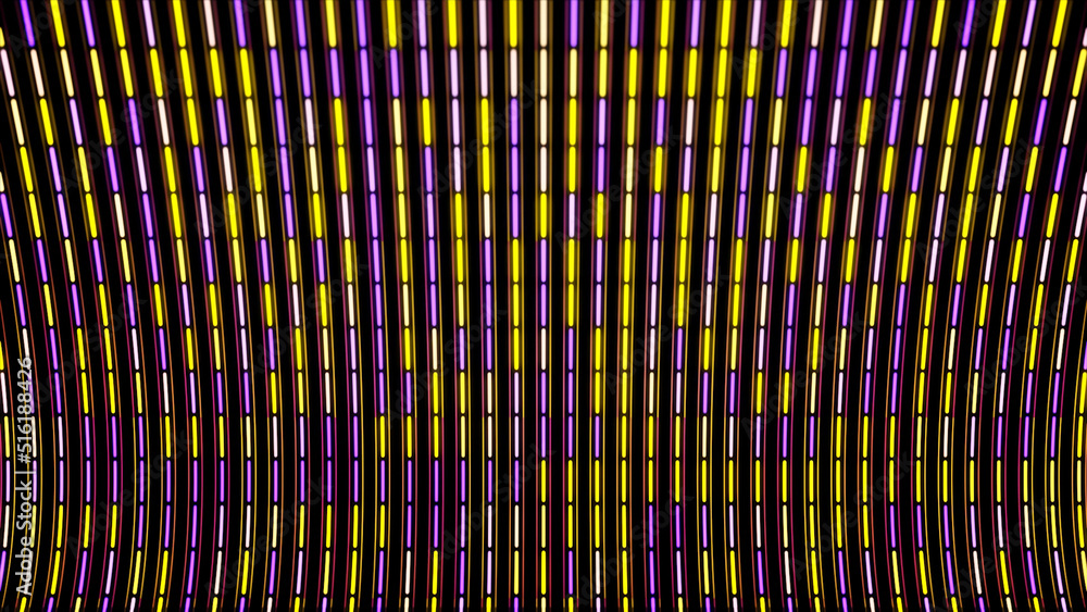 Abstract colorful lines devided into small segments flowing on black ...