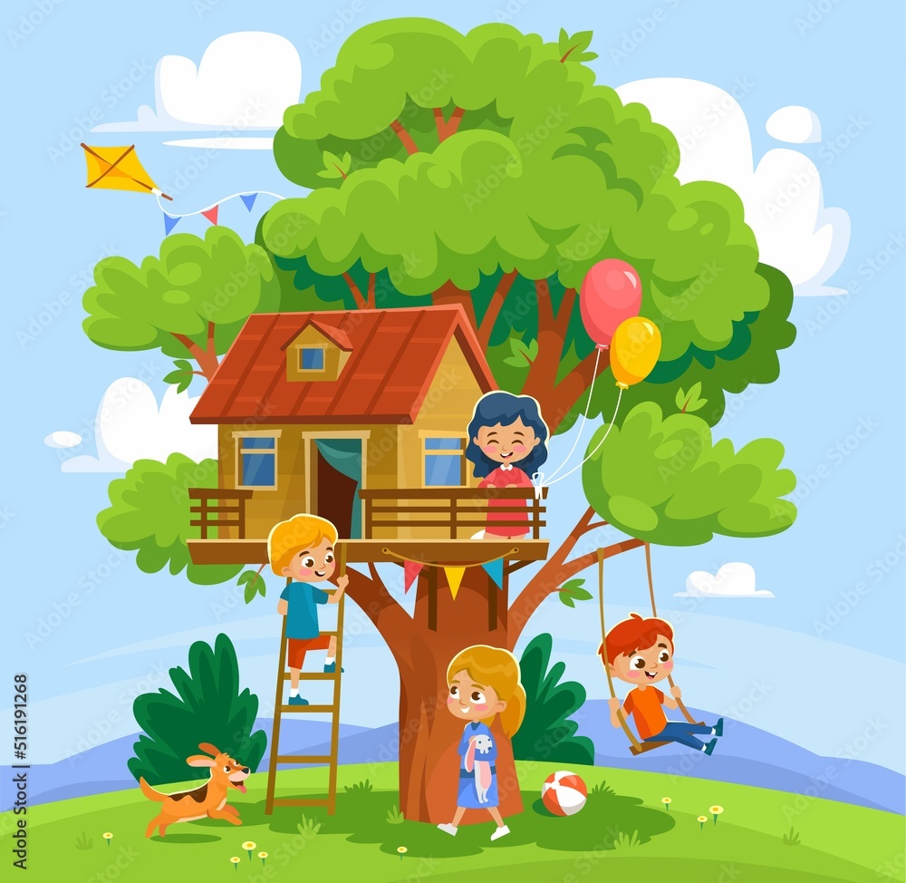 Happy kids are having fun in a tree house. Little boys and girls with a ...