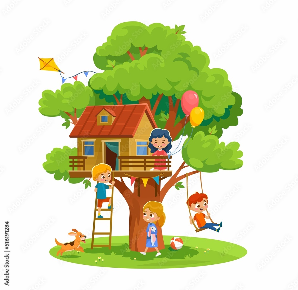 Kids are playing in a treehouse on a tree with balloons, a kite and a ...