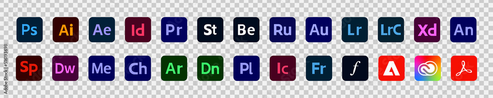 Adobe products. Icon set. Illustrator, Photoshop, After Effects ...