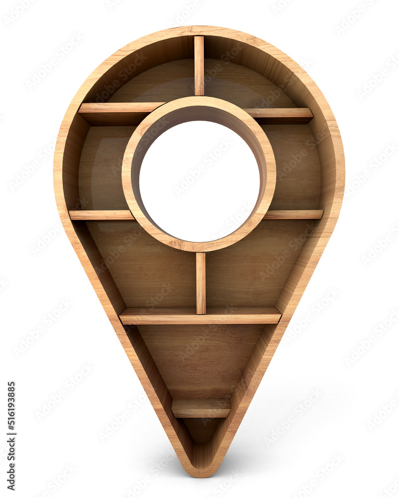 Map pointer wooden Shelf side view isolated on white background. Gps ...