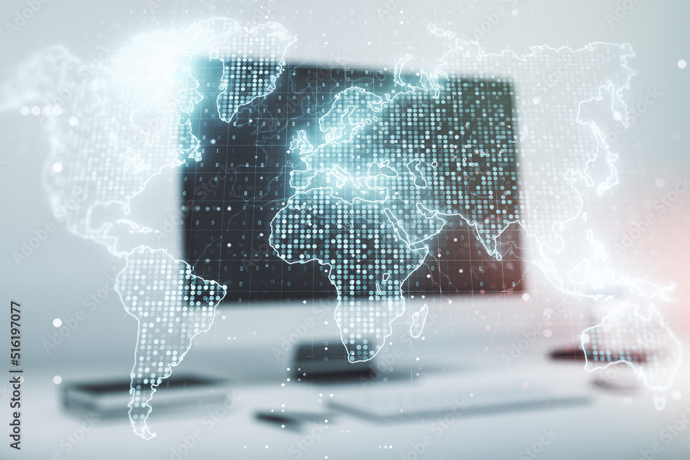 Multi exposure of abstract graphic world map on modern computer ...