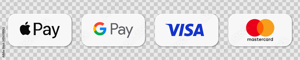 Payment systems. Set of logos. Apple pay, Google pay, Visa, MasterCard. Vector illustration ...