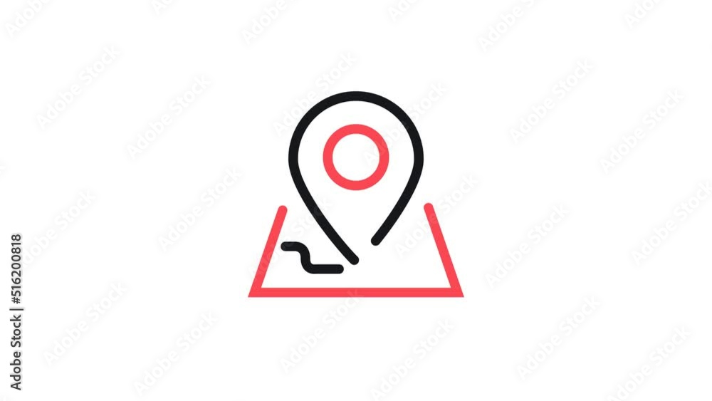 Animated linear map with navigation sign and the way to it. GPS loop ...